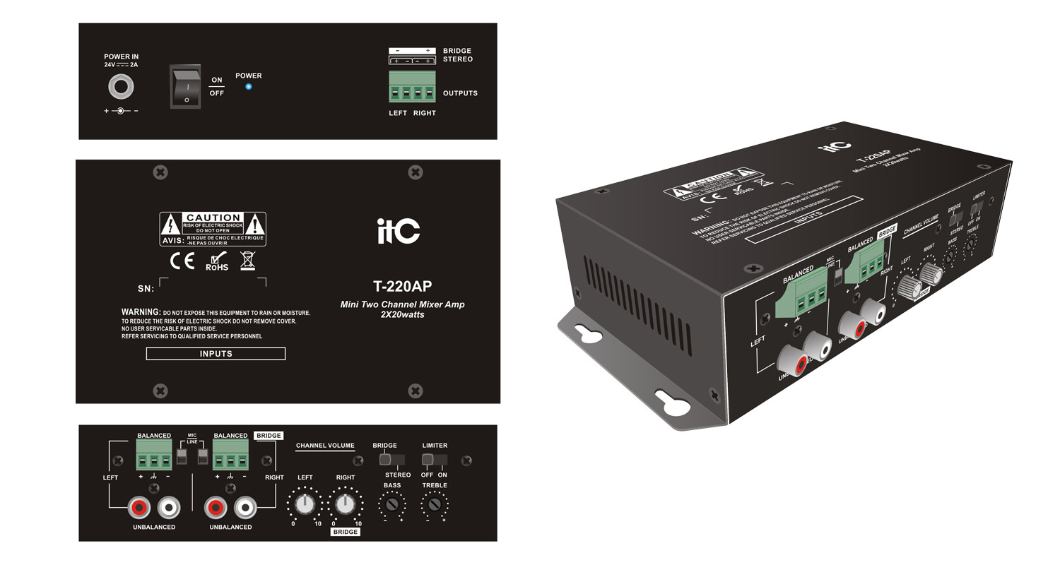 T-220AP 2 x 20W Mini Stereo Class-D Amplifier (Balanced inputs + Bridge ...